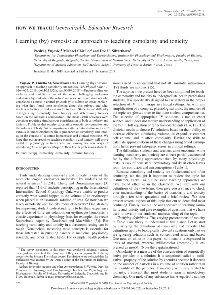 Silverthorne 2018-Learning by Osmosis An Approach To Teaching Osmolarity and Tonicity | PDF ...