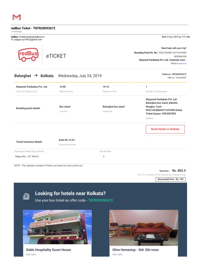 Gmail - RedBus Ticket - TN7R20093672 | PDF | Ticket (Admission) | Baggage