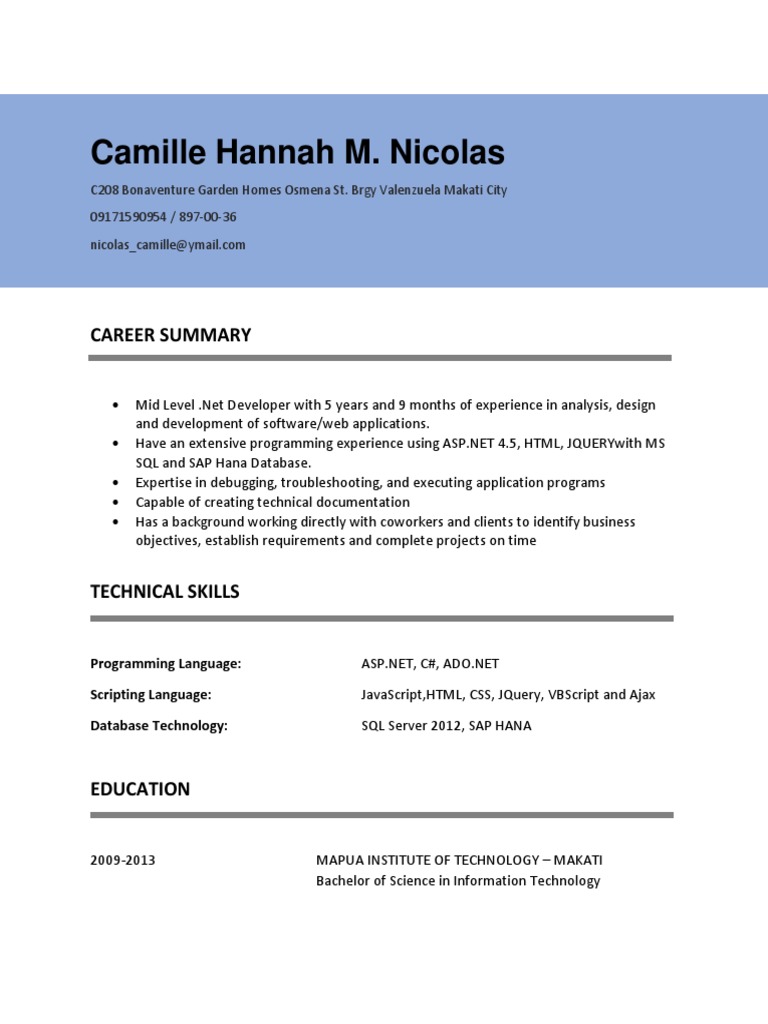 Mid-Level .Net Developer Resume | PDF | Microsoft Sql Server | Web ...