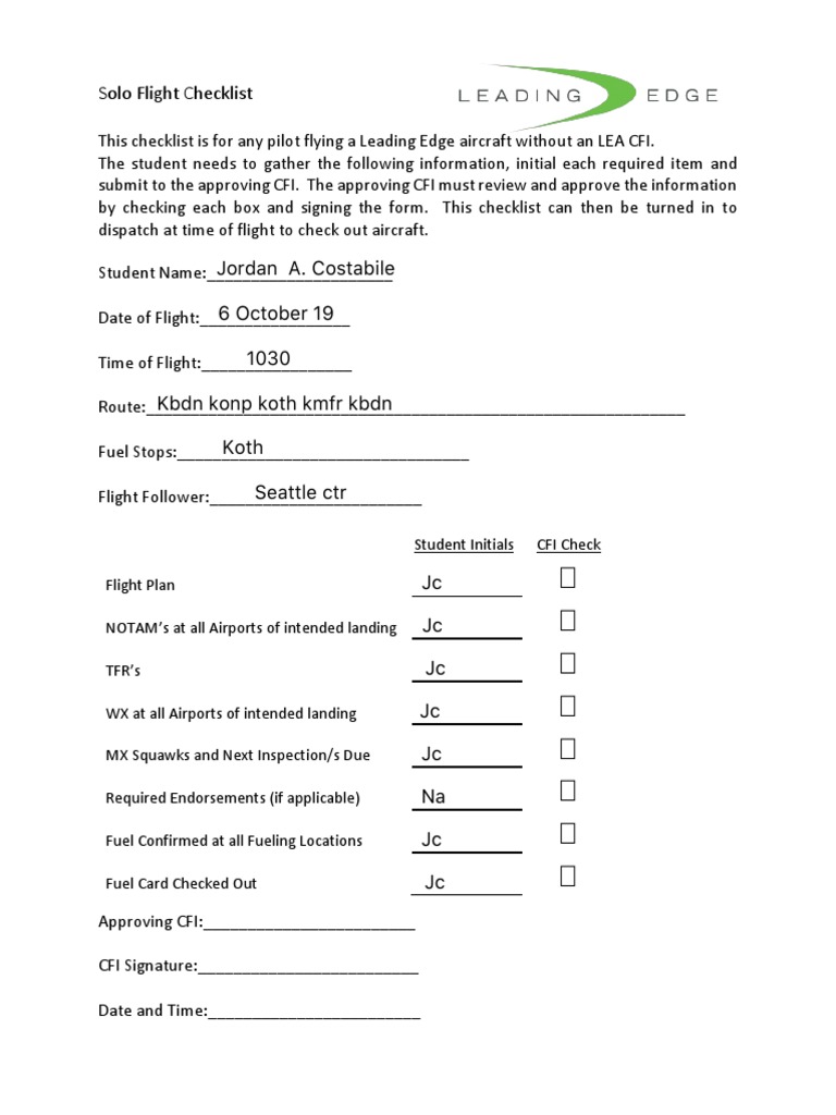 Solo Flight Checklist | PDF