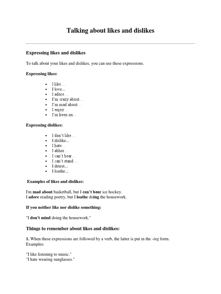 Talking About Likes and Dislikes | PDF