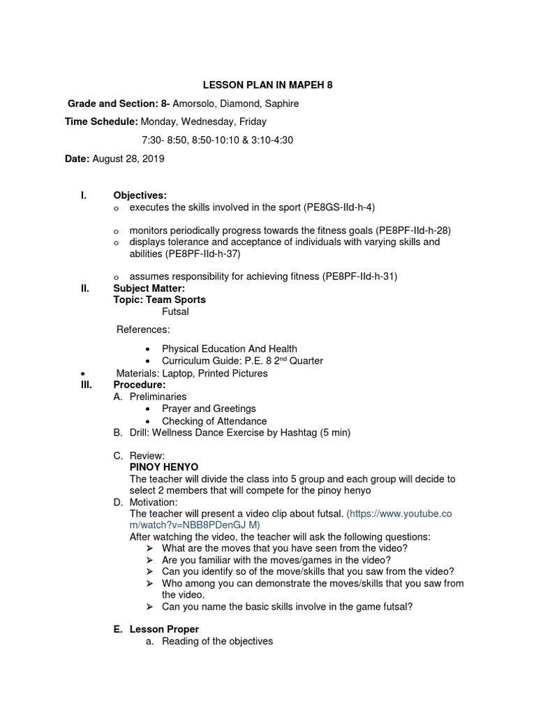 LESSON PLAN IN MAPEH 8 First Day | PDF | Physical Education | Lesson Plan