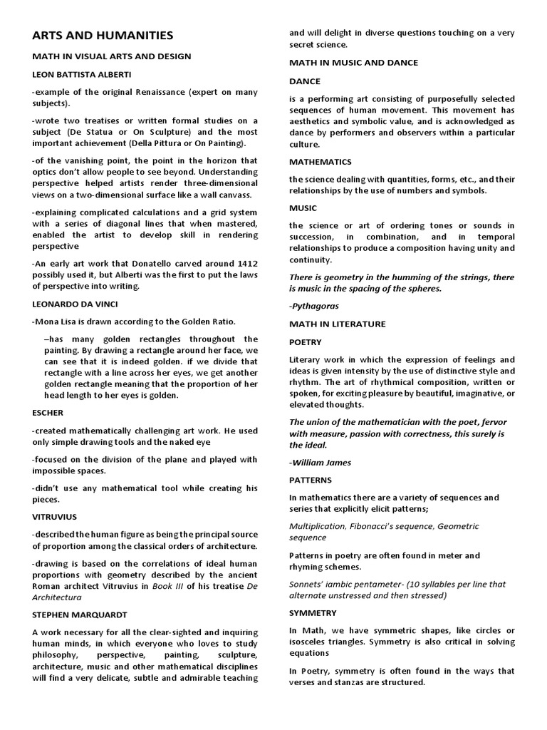 Arts and Humanities: Math in Visual Arts and Design Math in Music and ...