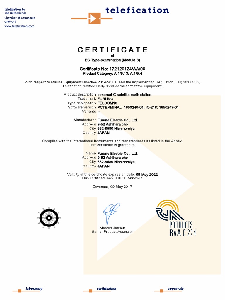 Inmarsat-C Satellite Station Certificate | PDF | Electronics ...