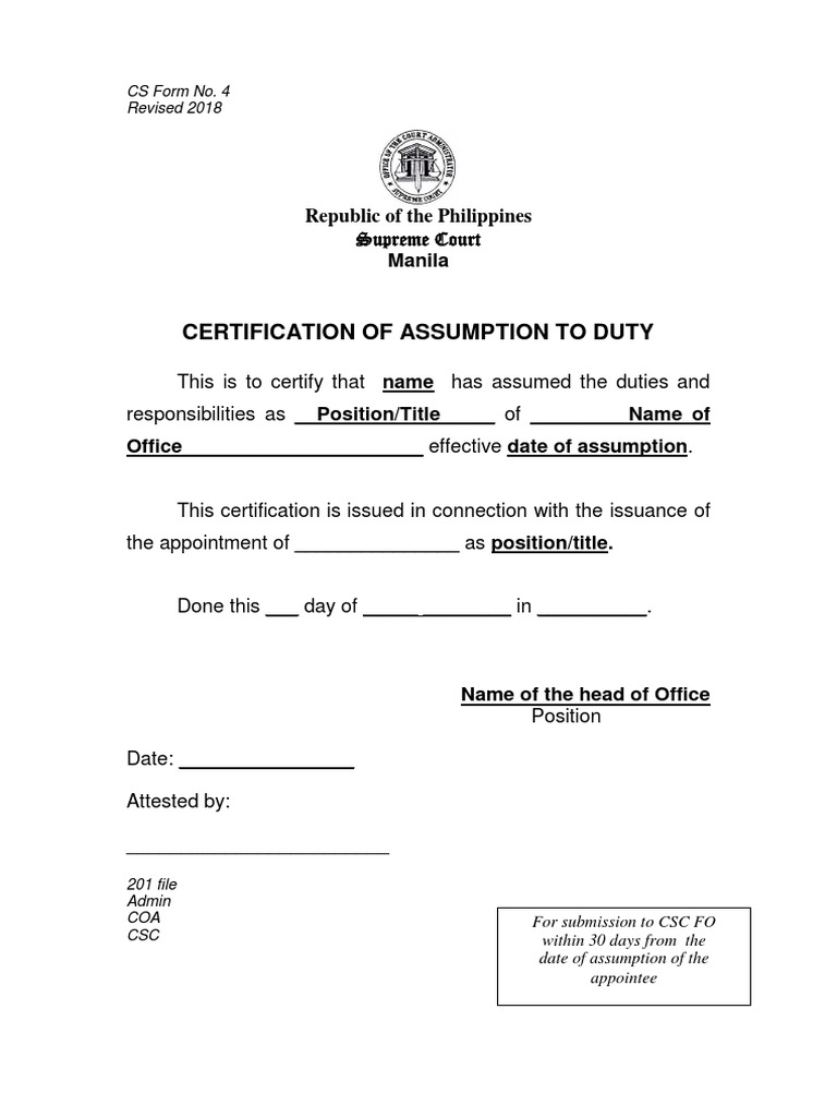 Certification of Assumption To Duty: Republic of The Philippines Manila ...