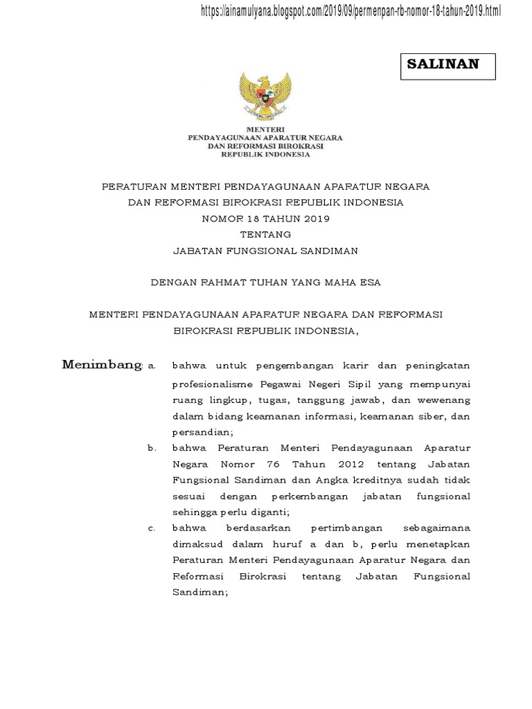 Permenpan Nomor 18 Tahun 2019 | PDF