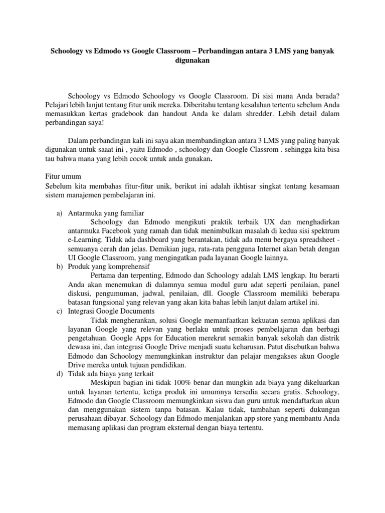 Schoology Vs Edmodo Vs Google Classroom | PDF