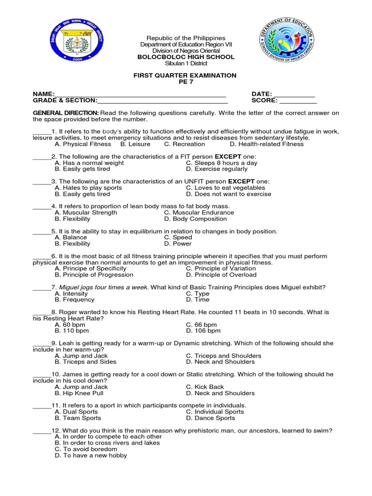 1st Periodial Exam Pe & Health Grade 7 | PDF | Physical Fitness ...