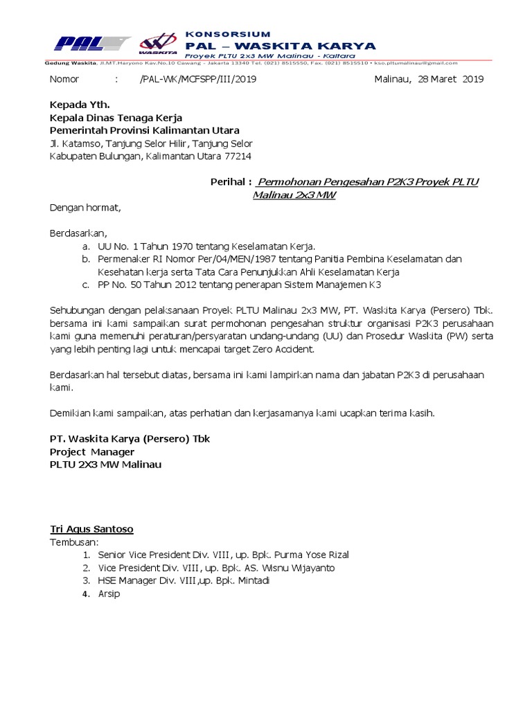 Surat Pengesahan P2K3 Disnaker | PDF