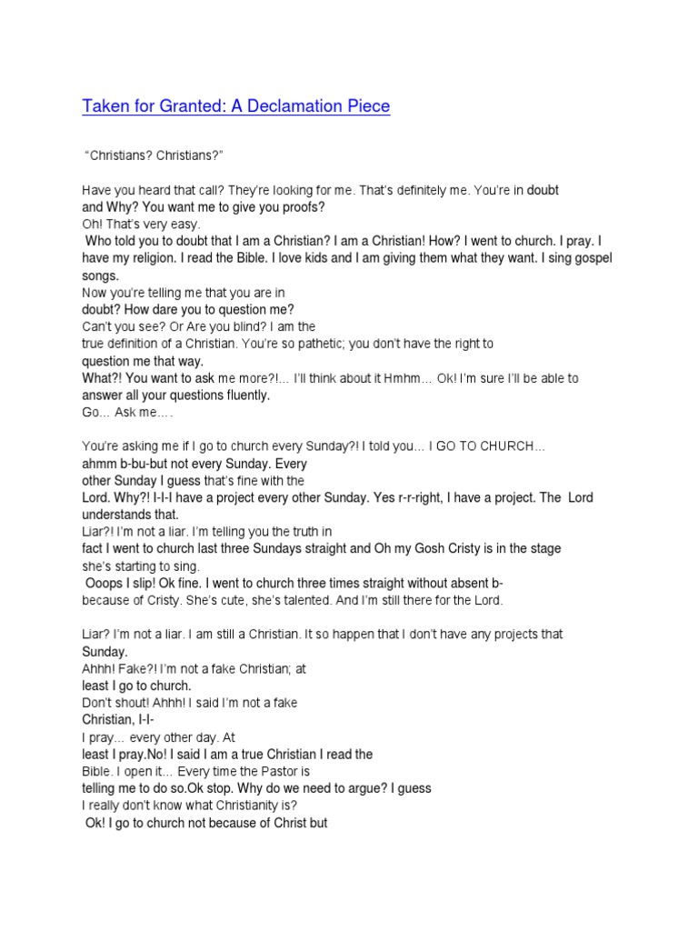 Taken For Granted: A Declamation Piece | PDF | Jesus | Religious ...