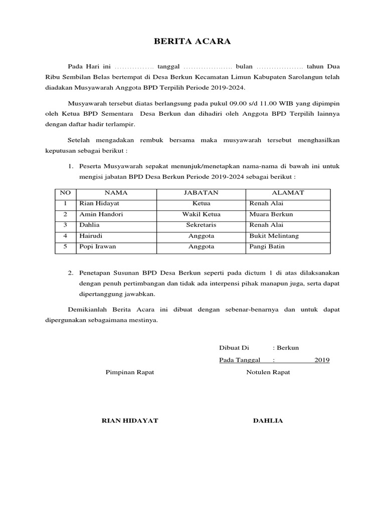 Berita Acara Pemilihan Ketua BPD | PDF