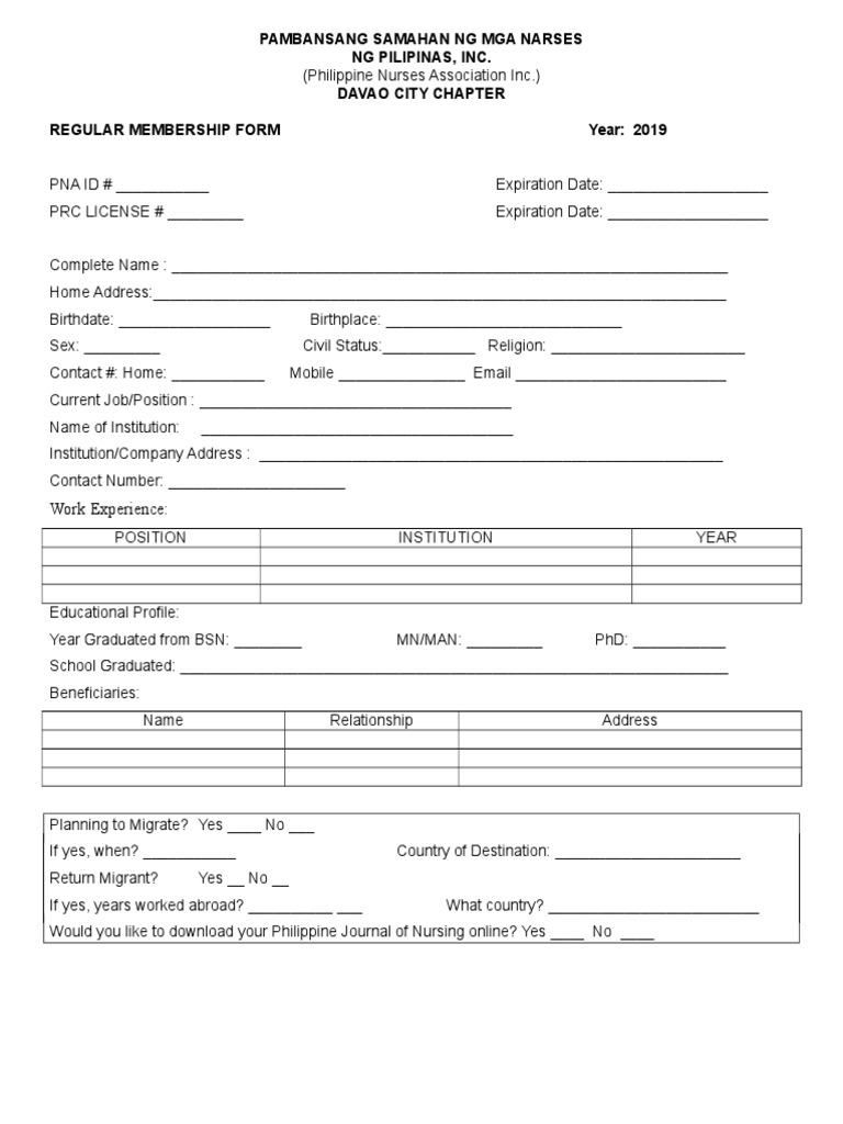 PNA Davao City Chapter Membership Form | PDF