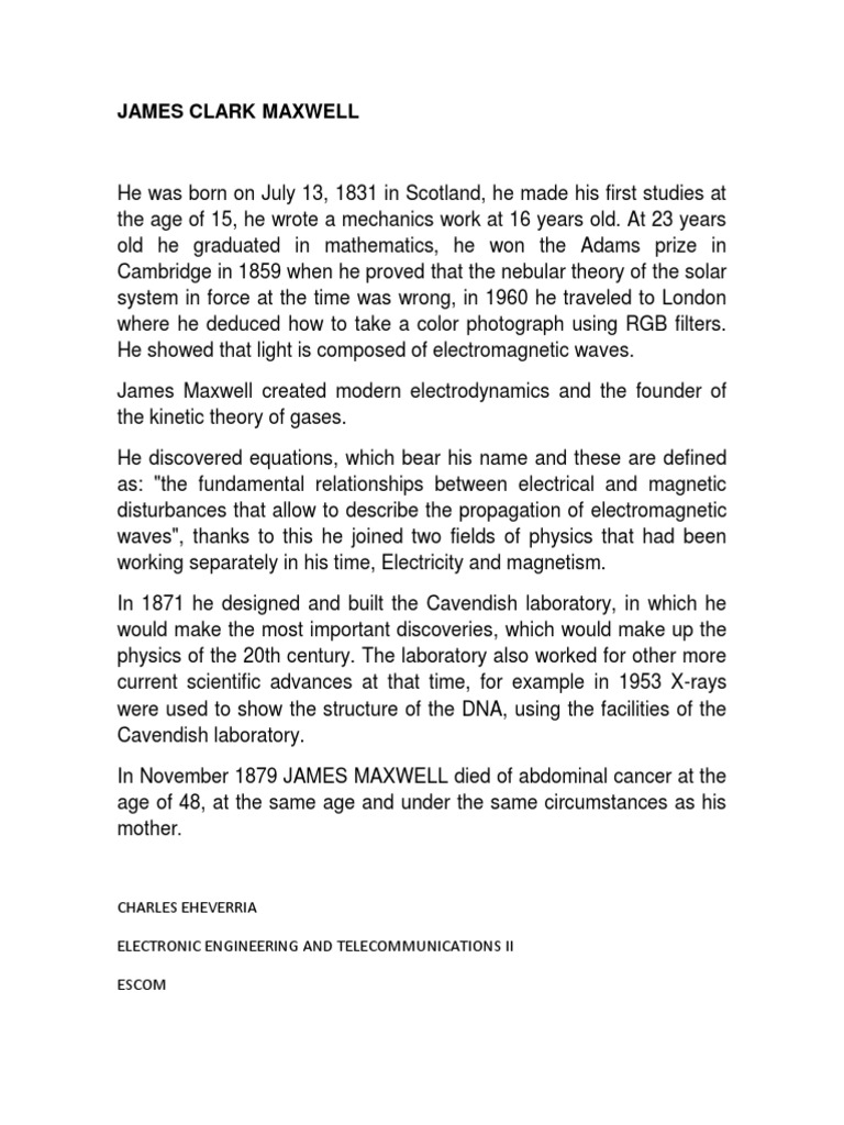 James Clark Maxwell: Charles Eheverria Electronic Engineering and ...