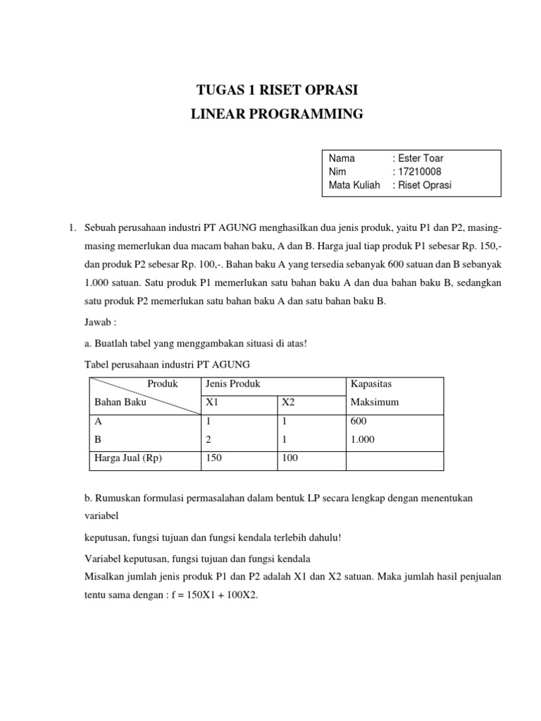 Tugas 1 Riset Oprasi - Linear Programming (17210008) | PDF