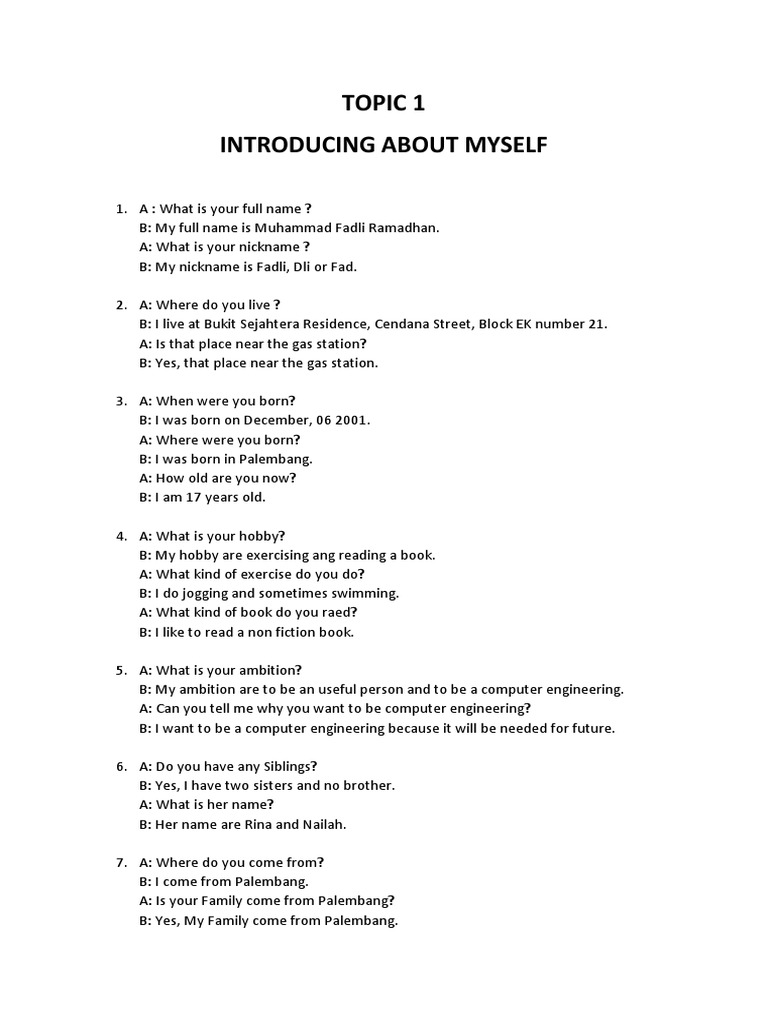 Topic 1 Introducing About Myself | PDF