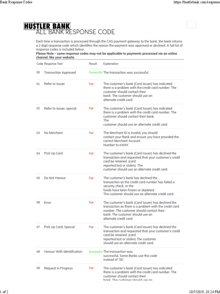 Bank Response Codes | PDF | Credit Card | Financial Transaction