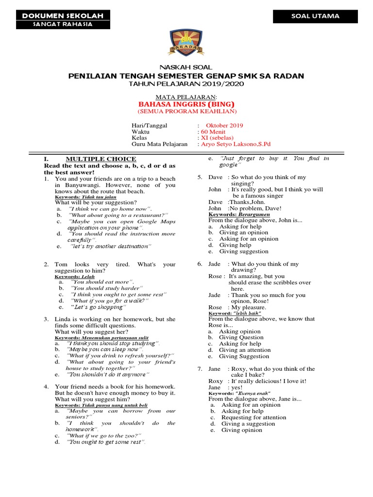 Pts Ganjil Bing Xi Soal Hots Saradan 2019 | PDF