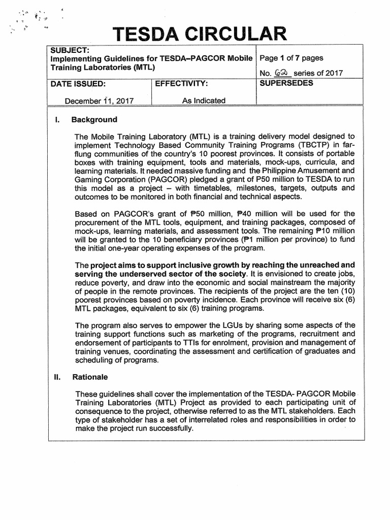 Tesda Circular 062-2017 Mobile Training Laboratory | PDF | Cakes | Desserts