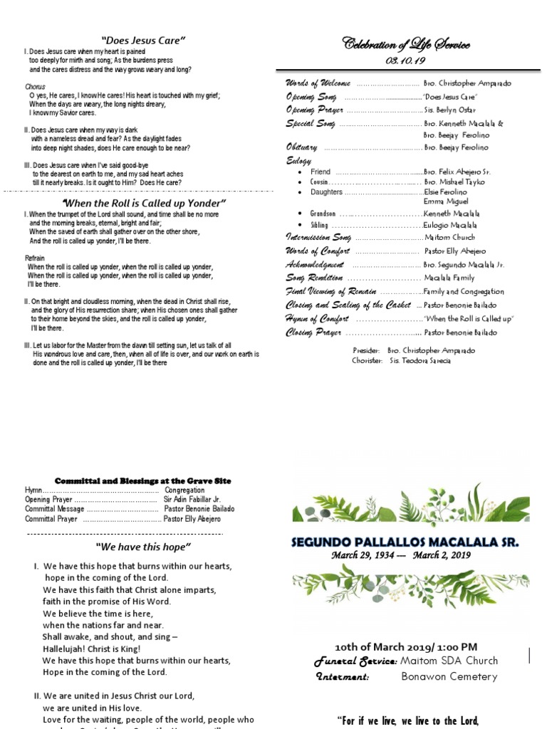Celebration of Life Service: "Does Jesus Care" | PDF | Jesus ...