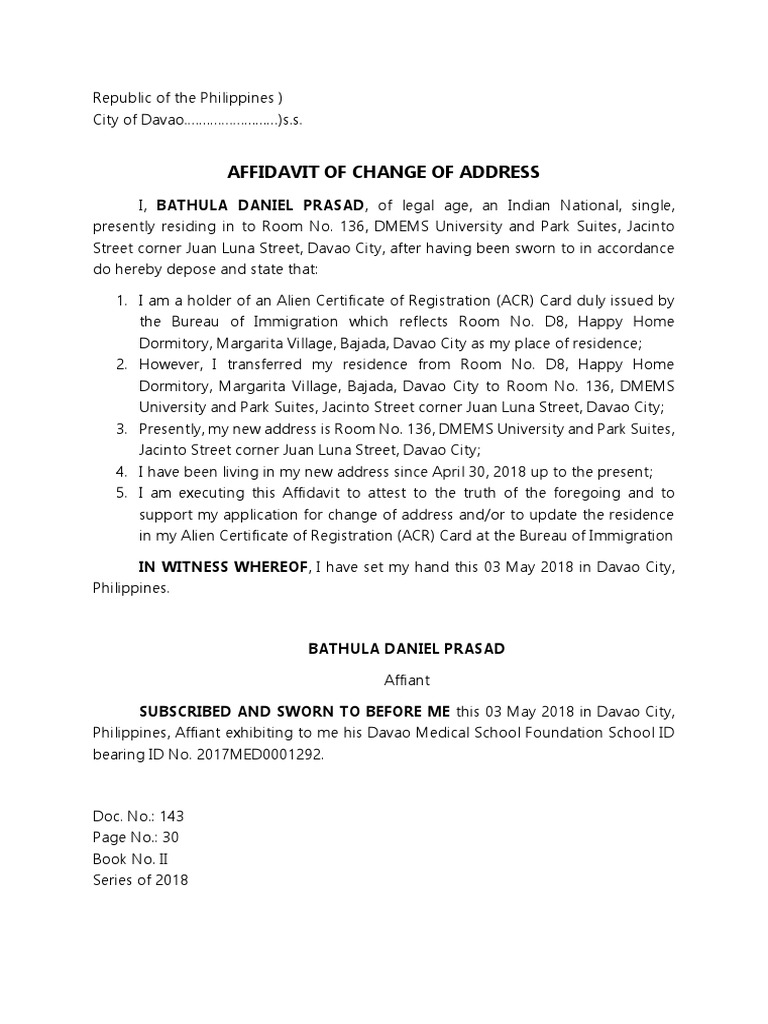Affidavit of Change of Address | PDF | Affidavit | Official Documents