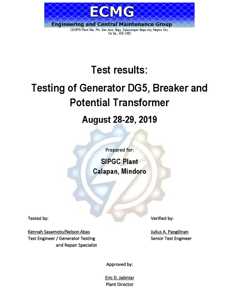 Test Results: Testing of Generator DG5, Breaker and Potential ...