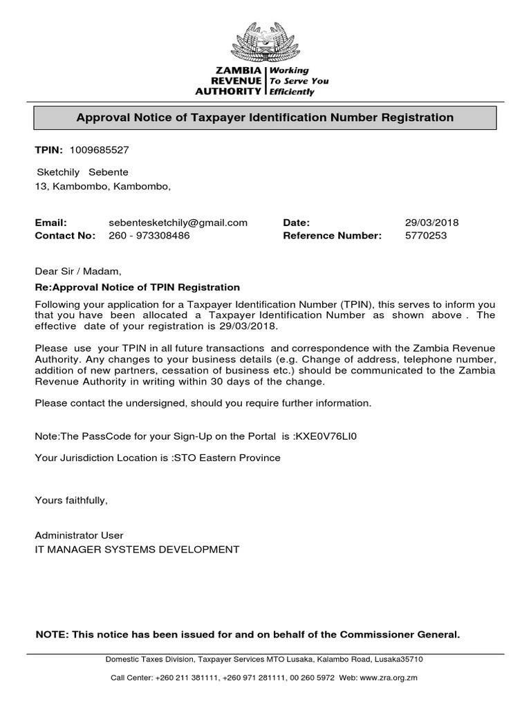 Approval Notice of Taxpayer Identification Number Registration | PDF