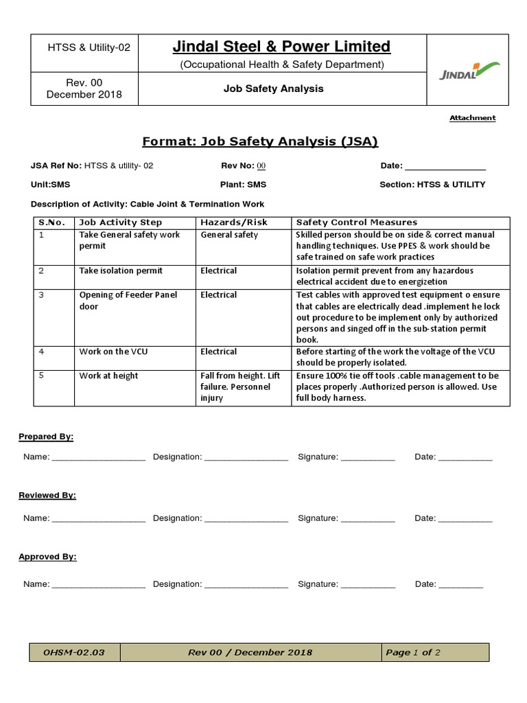 JSA For Cable Joint & Termination Work | PDF | Prevention ...
