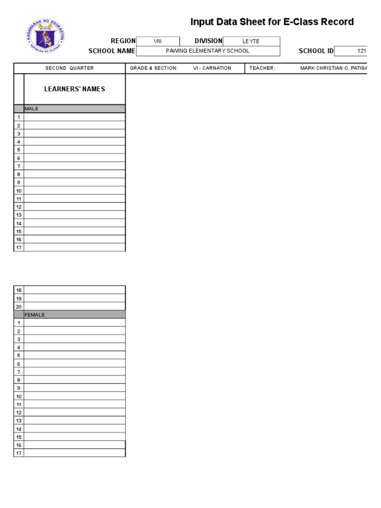 Input Data Sheet For E-Class Record: Region Division School Name School ...