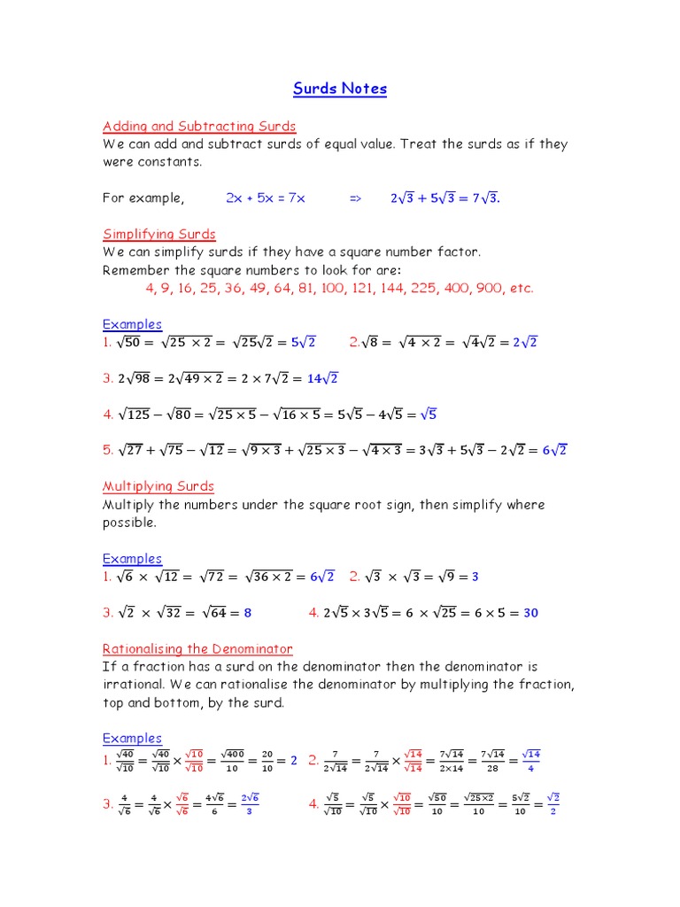 Surds Notes: Adding and Subtracting Surds | PDF