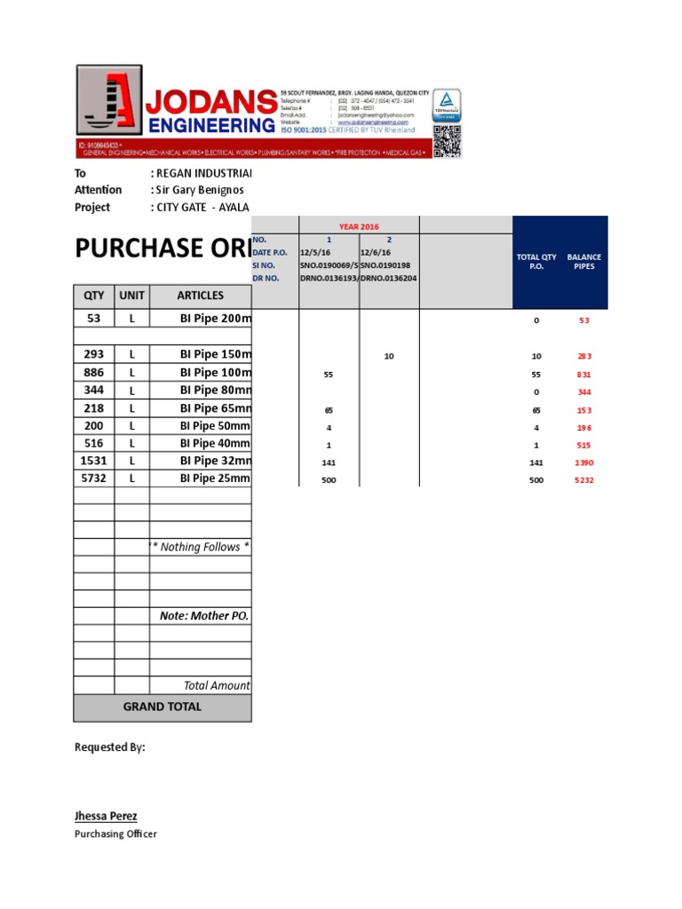 Purchase Ord: 53 BI Pipe 200m 293 BI Pipe 150m 886 BI Pipe 100m 344 BI ...