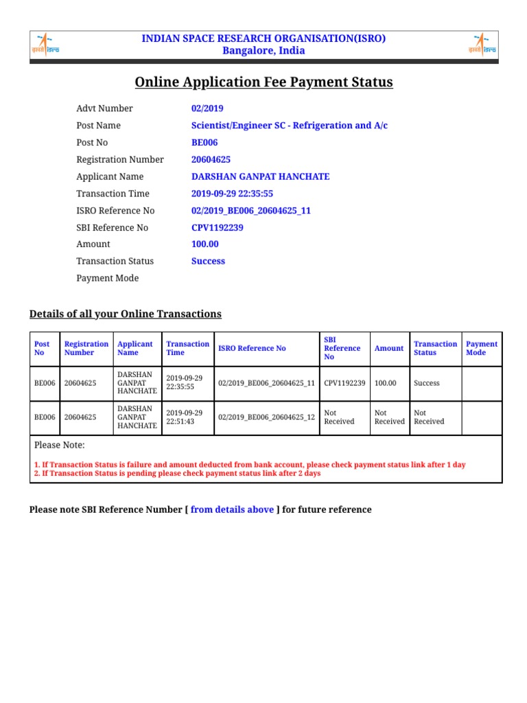 Online Application Fee Payment Status: Indian Space Research Organisation (Isro) Bangalore ...