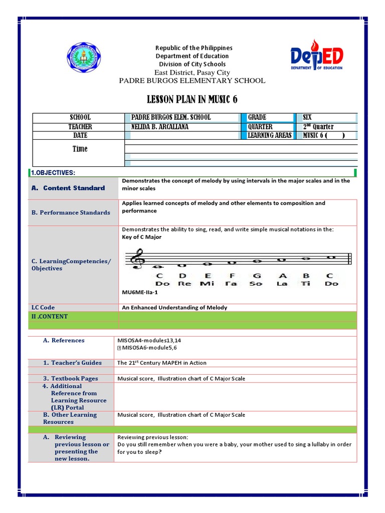 Grade 6 Music Lesson Plan: Quarter 2 | PDF | Scale (Music) | Sheet Music