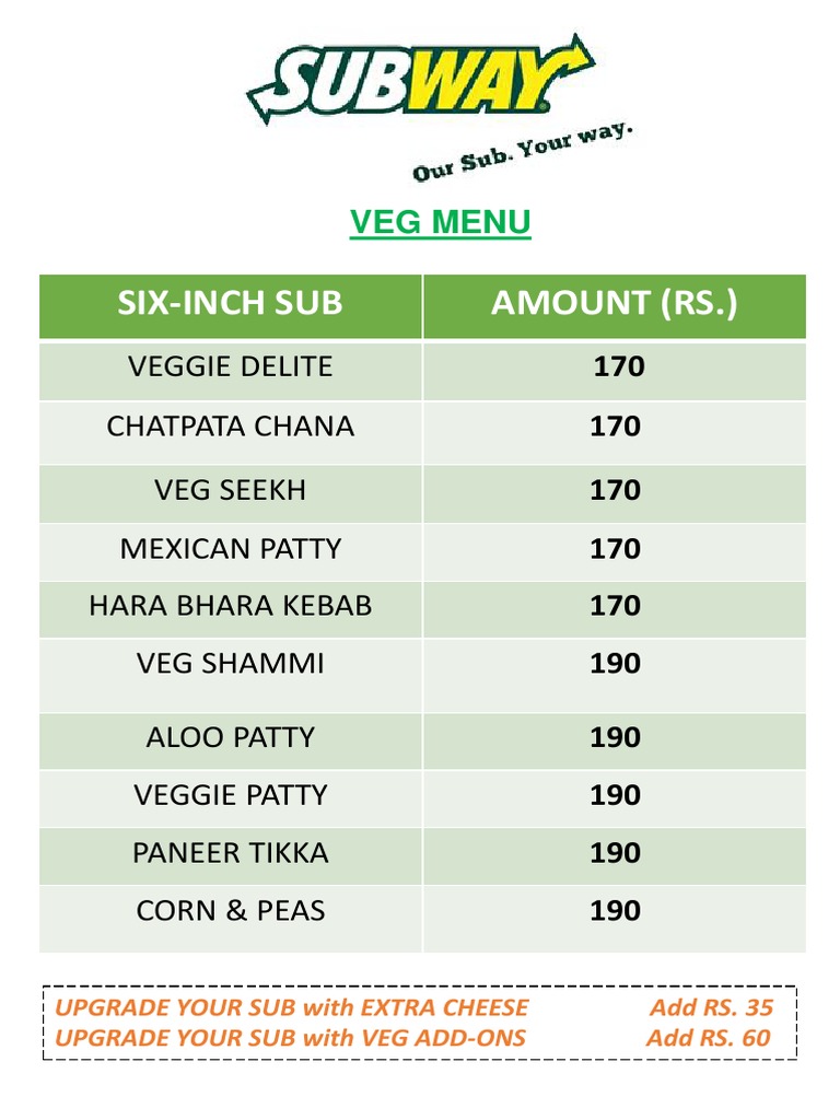 Subway 6-Inch Menu and Prices | PDF | Salad | Kebab