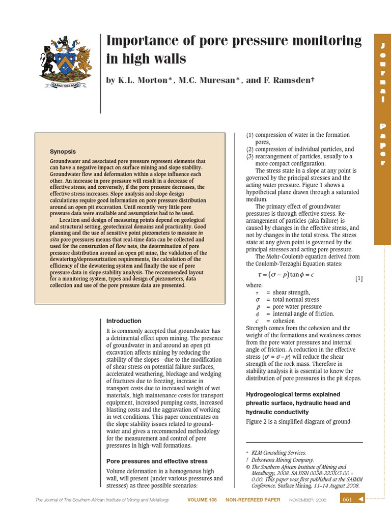 Importance of Pore Pressure Monitoring in High Walls | PDF | Aquifer ...