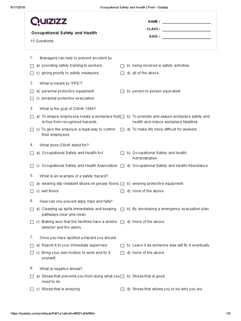 OHS Quiz: Questions and Answers | PDF | Occupational Stress | Personal ...