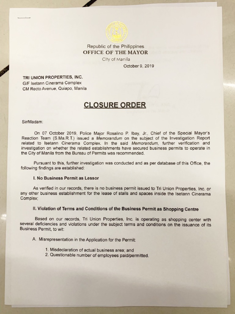 Isetann Mall Closure Order | PDF