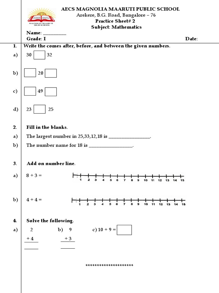 Class 1 Math Practice Sheet | PDF