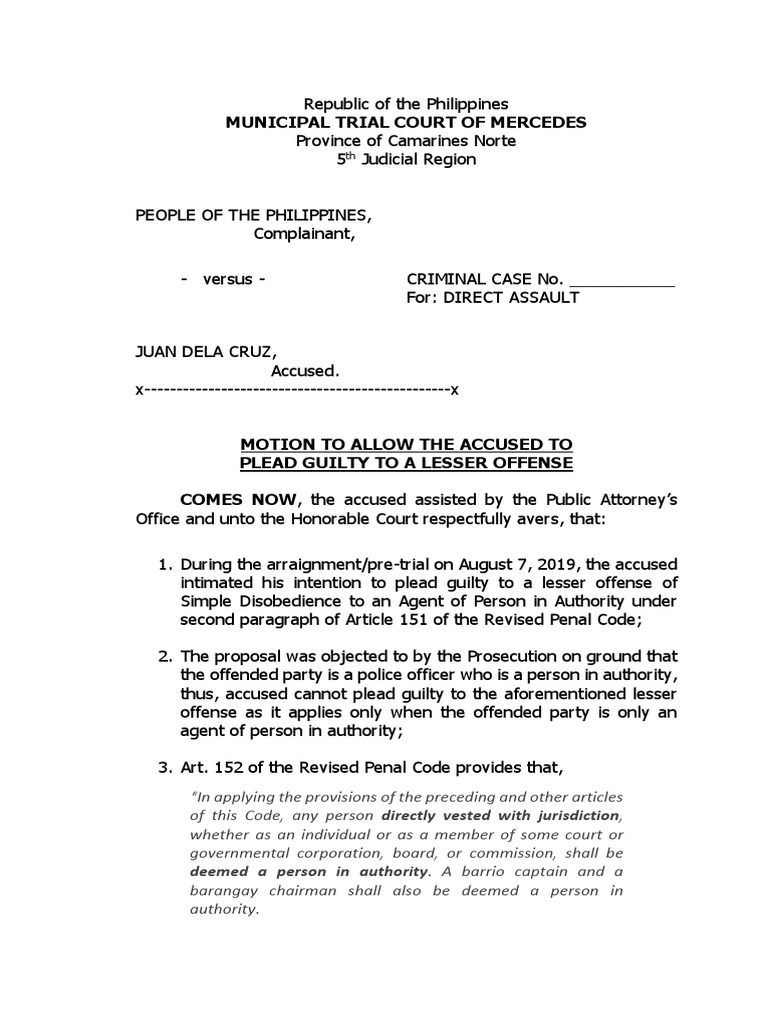 MOTION To ALLOW The Aaccused To Plead Guilty To A Lesser Offense ...
