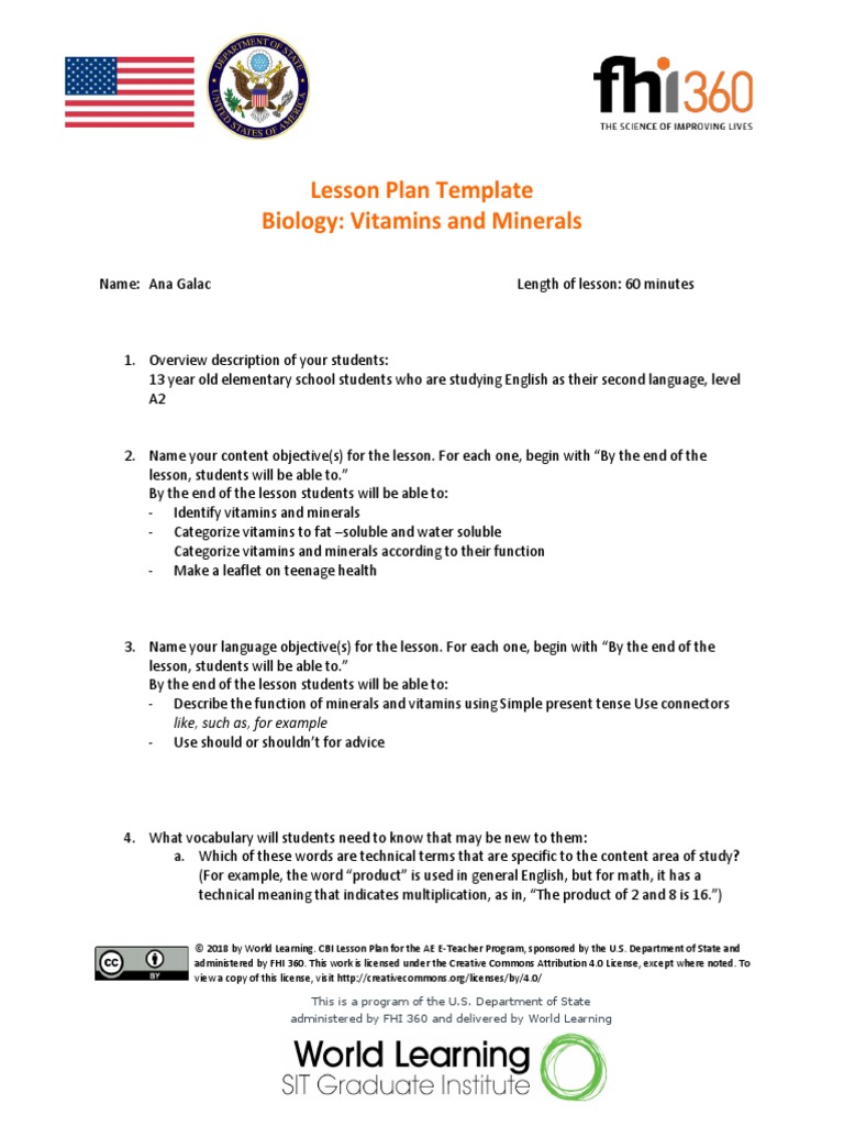 Lesson Plan Template Biology: Vitamins and Minerals: Like, Such As, For ...