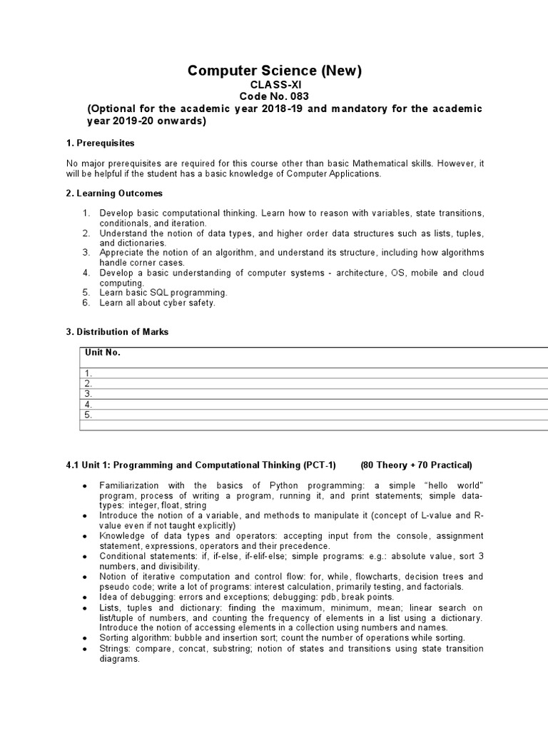 Computer Science (New) Class XI: An Overview of the Proposed Computer ...