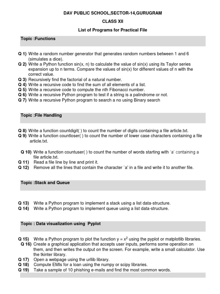 List of Programs For Practical File Class XII | PDF | Subroutine | Python (Programming Language)