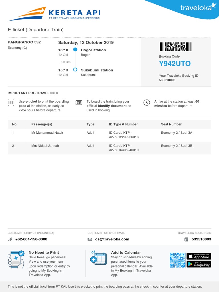 E-ticket Confirmation for Travel by Pangrango 392 Train from Bogor to Sukabumi on October 12th ...