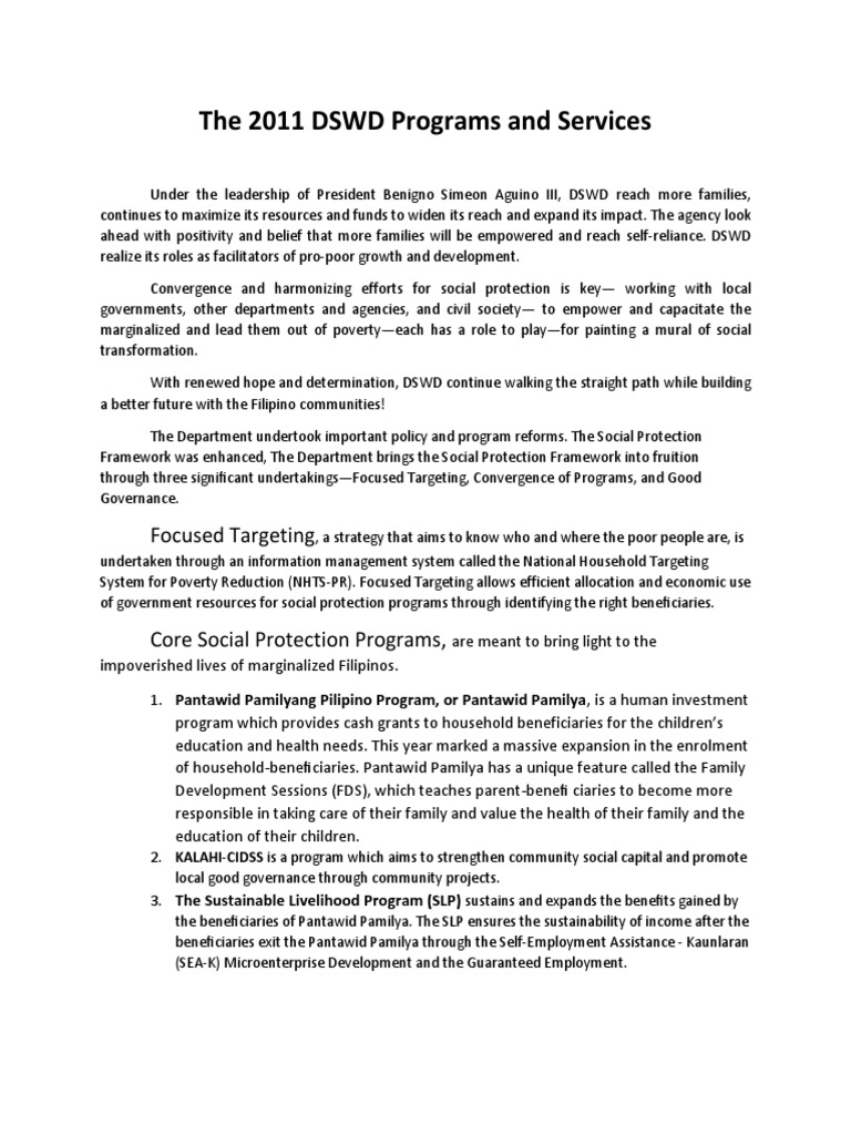 The 2011 - 2013 DSWD Programs and Services | PDF | Social Protection ...