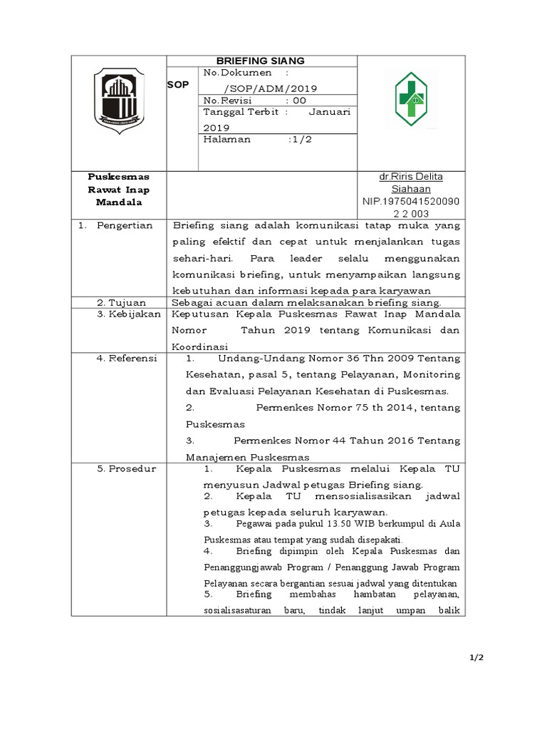 Prosedur Briefing Siang Puskesmas | PDF