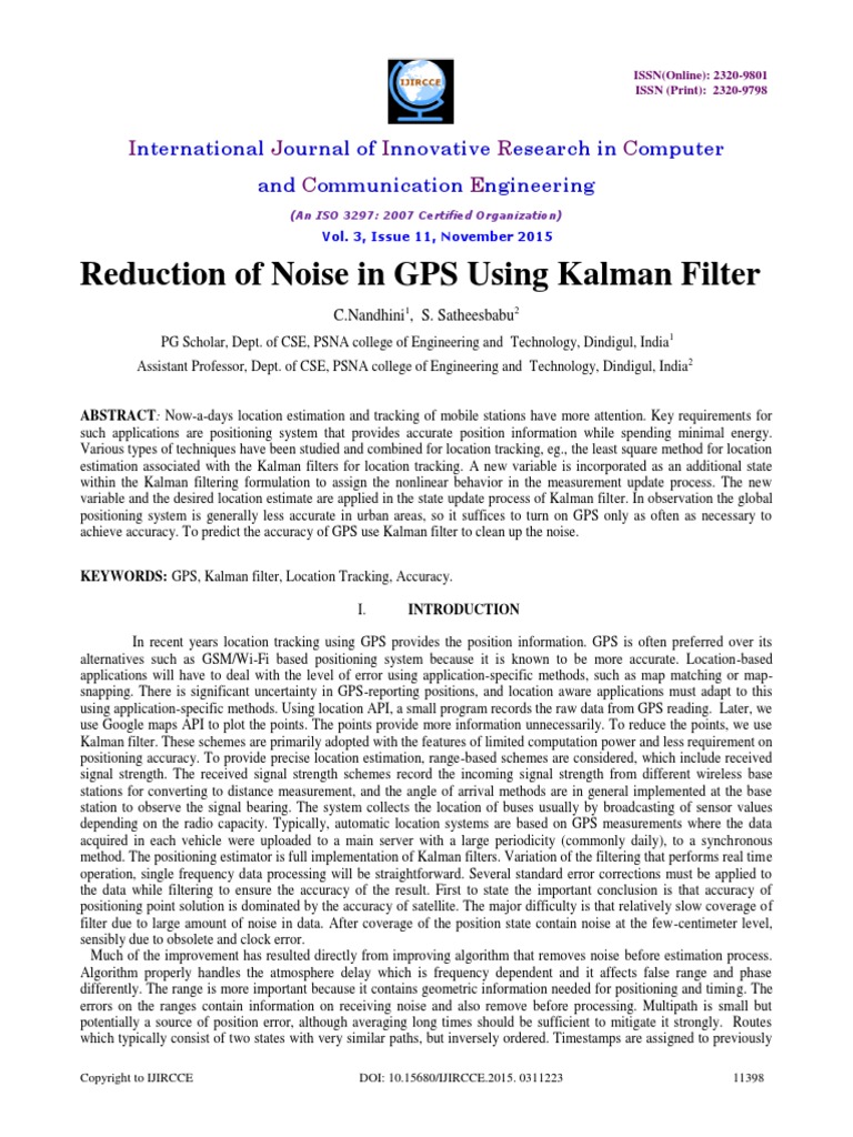 Reduction of Noise in GPS Using Kalman Filter | PDF | Kalman Filter | Global Positioning System