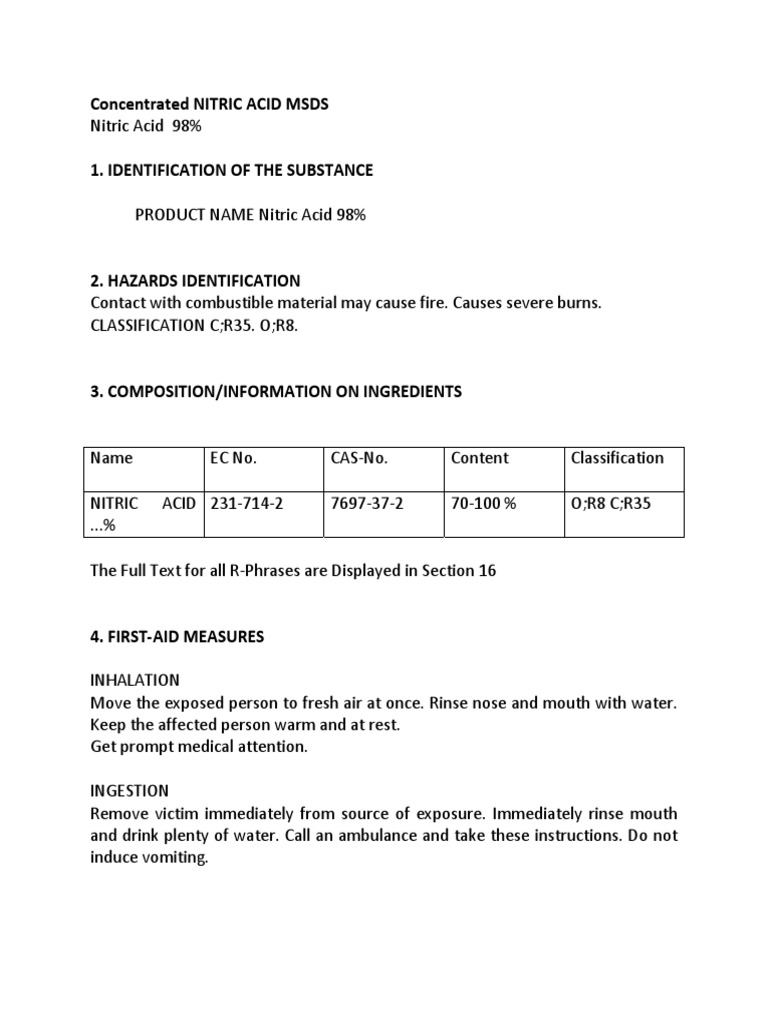 98% Hno3 MSDS | PDF | Nitric Acid | Materials