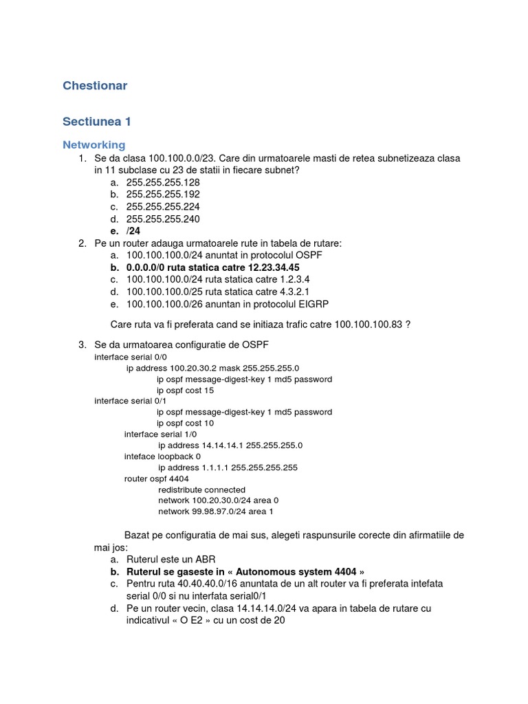 Chestionar 2 | PDF | Network Layer Protocols | Ip Address