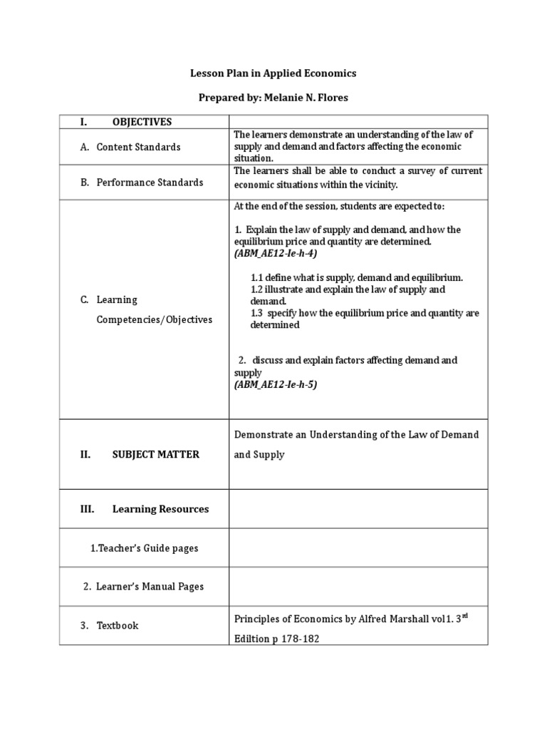 Lesson Plan in Applied Economics Semi Detailed Final | PDF | Supply And ...