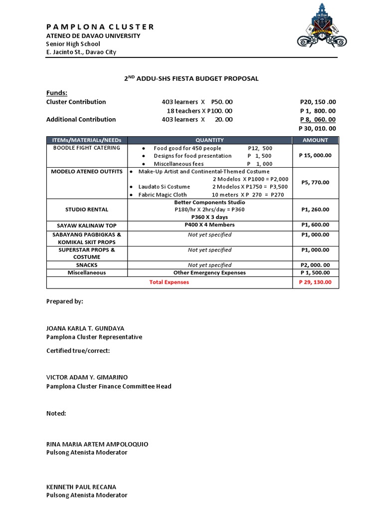 Pamplona Cluster: 2 Addu-Shs Fiesta Budget Proposal Funds | PDF | Business