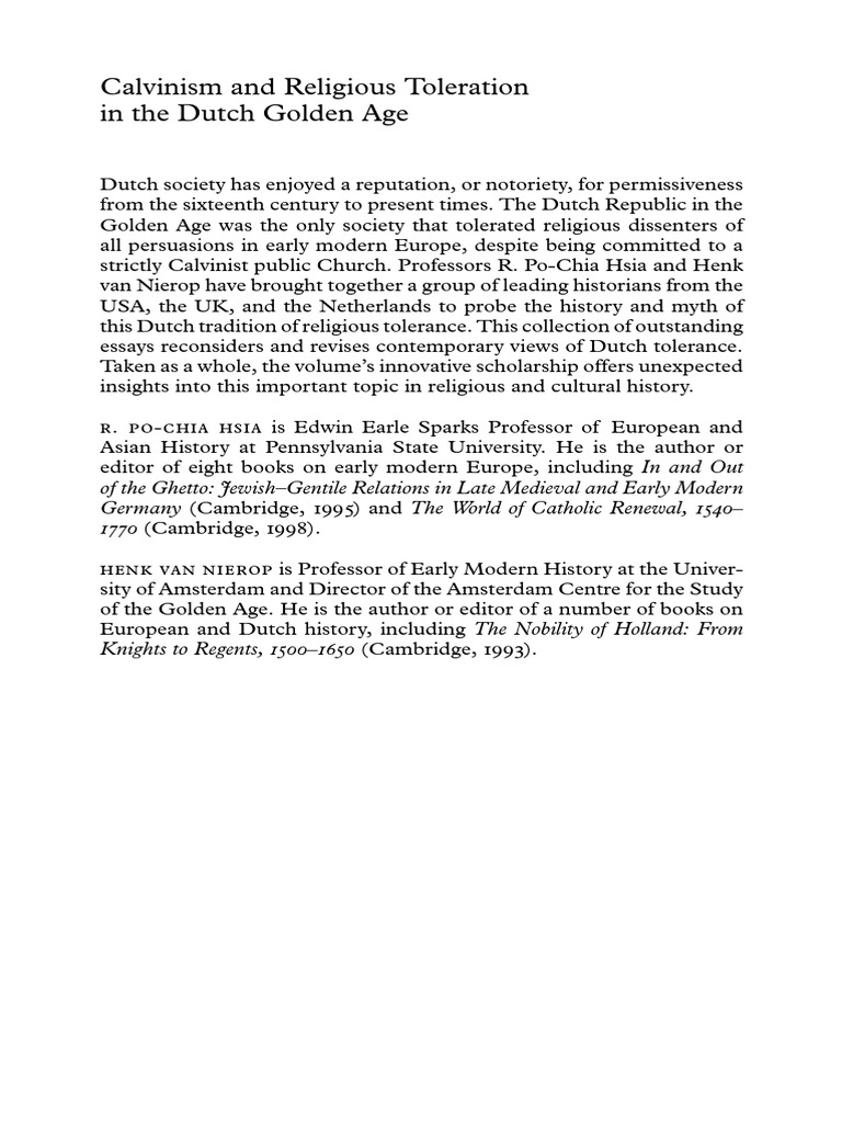 Calvinism and Religious Toleration in The Dutch Golden Age - R. Po-Chia ...